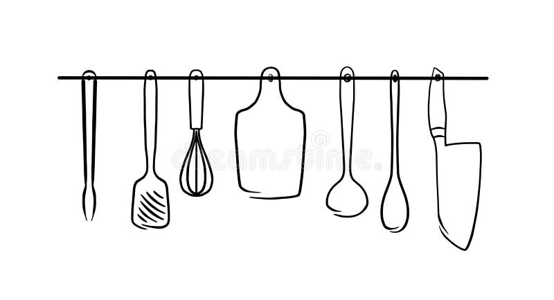 Hand Drawn Vector of Kitchen Accessories Hanging on the Rod on the Wall ...
