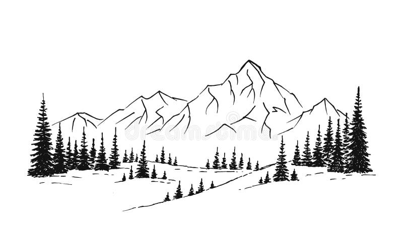 Hand Drawn Vector Nature Illustration with Mountains and Forest on ...