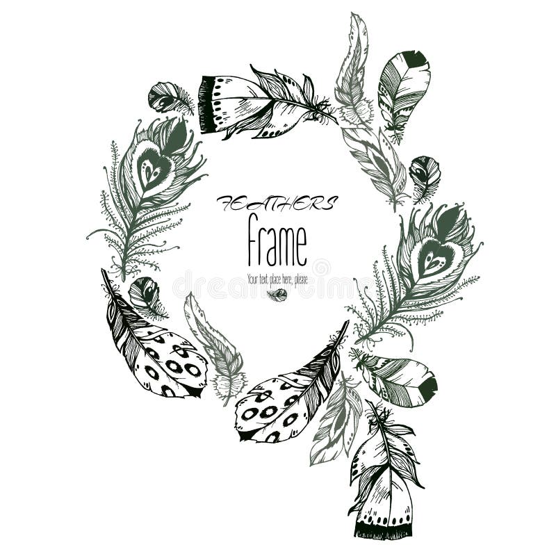 Hand Drawn Vector Painted Frame with Bird Feathers Isolated Stock ...