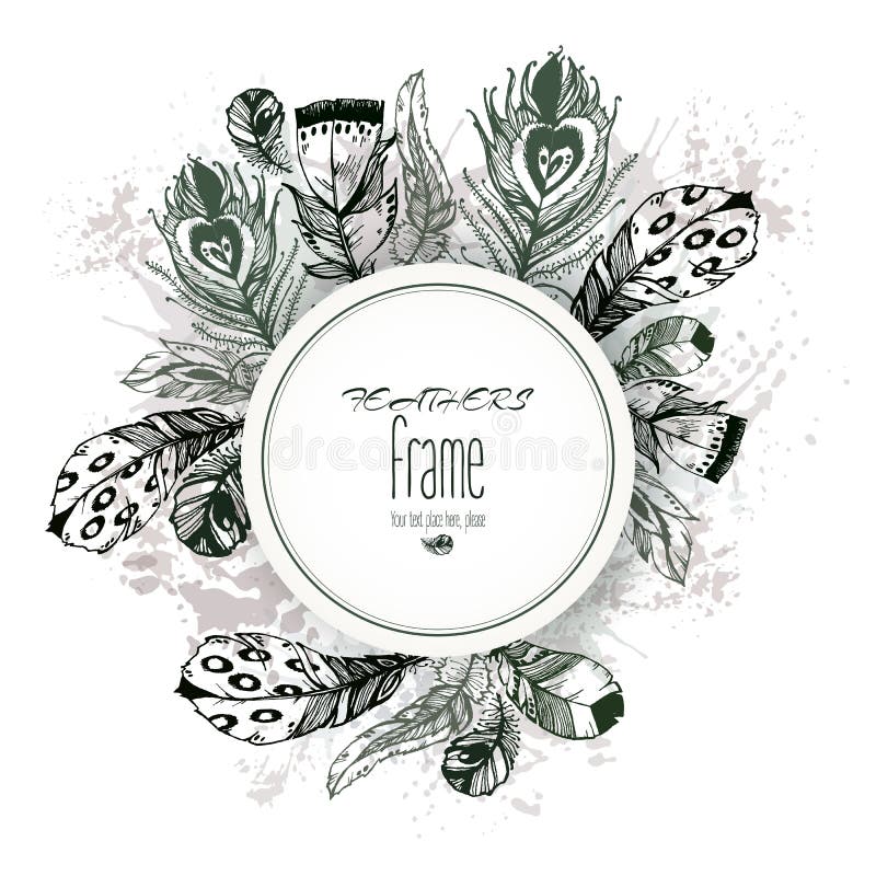 Hand Drawn Vector Painted Round Template with Bird Feathers Stock ...