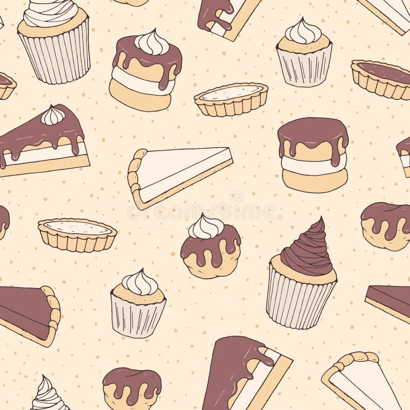 Hand Drawn Vector Pastry Seamless Pattern with Cake and Pie Piec Stock ...