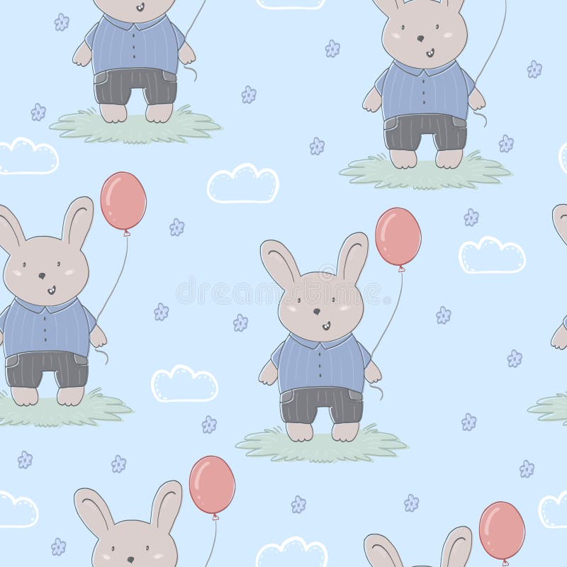 Hand Drawn Vector Pattern of Cute Rabbit and Balloon Stock Vector ...