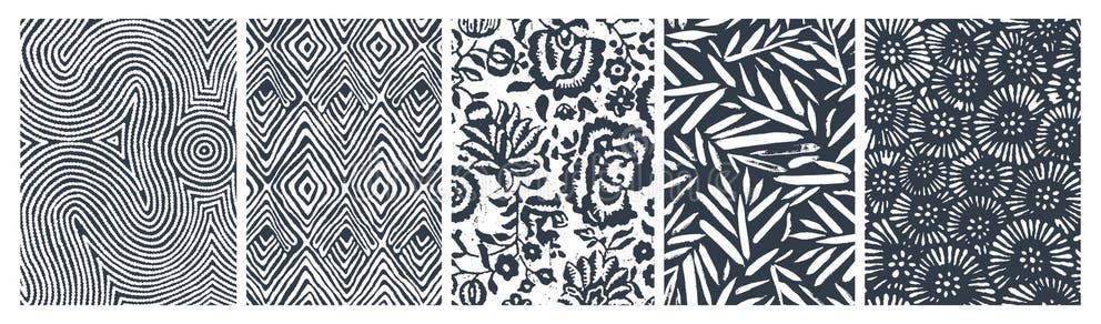 Hand-drawn Vector Patterns with Abstract, Floral and Leafy Repeating Textures Stock Illustration ...