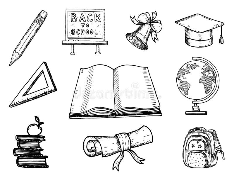 Hand Drawn Vector School Object Set. Back To School Illustrations Stock ...