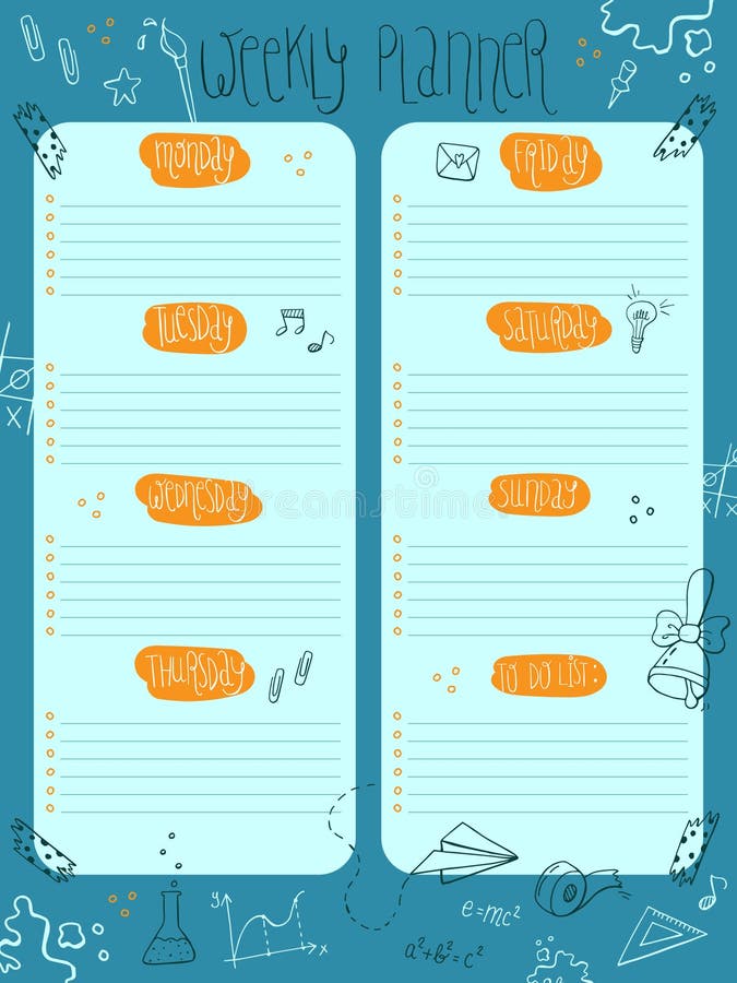 Hand Drawn Vector School Weekly Planner, Schedule Template. Stock ...