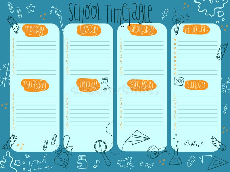 Hand Drawn Vector School Weekly Planner, Schedule Template, School ...