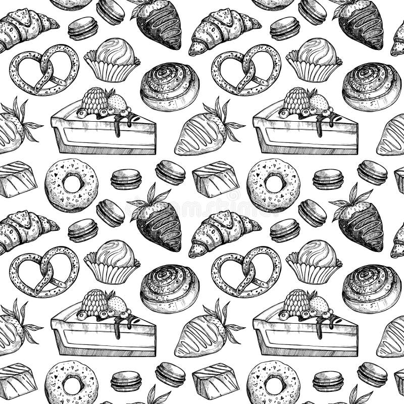 Hand Drawn Vector Seamless Pattern - Collection of Goodies, Sweets ...