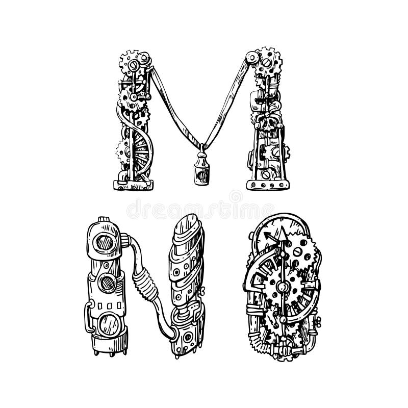 Hand Drawn Vector Seamless Pattern with Mechanical Letters. Stock ...