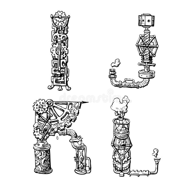 Hand Drawn Vector Seamless Pattern with Mechanical Letters. Stock ...