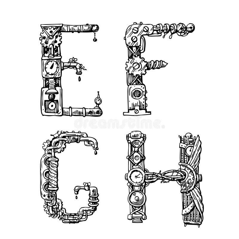Hand Drawn Vector Seamless Pattern with Mechanical Letters. Stock ...