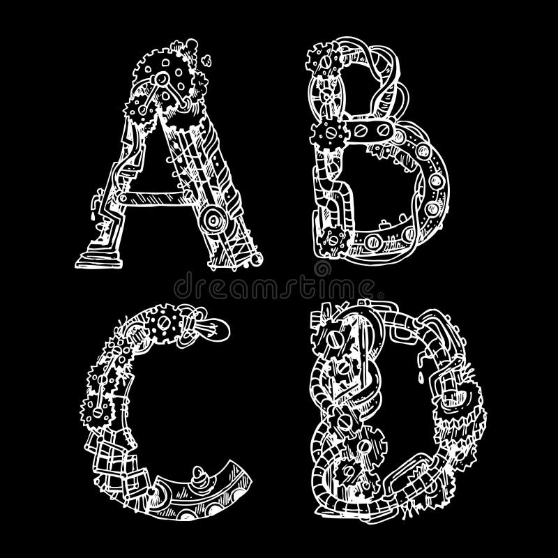 Hand Drawn Vector Seamless Pattern with Mechanical Letters. Stock ...