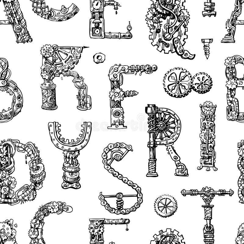 Hand Drawn Vector Seamless Pattern with Mechanical Letters. Stock ...