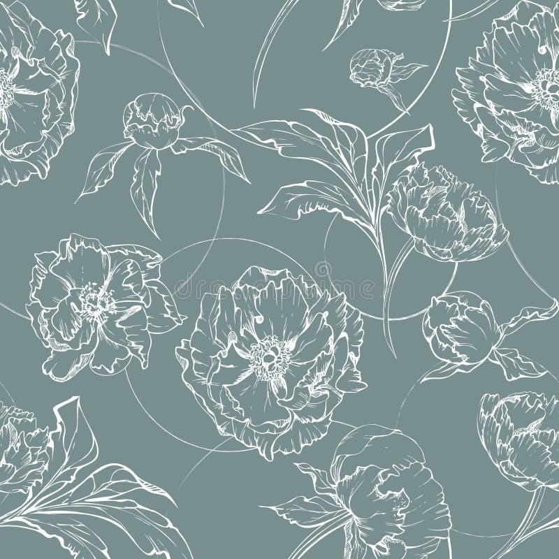 Hand Drawn Vector Seamless Pattern with Peony Flowers, Buds and Leaves ...