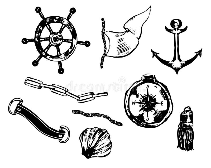 Hand Drawn Vector Set with Anchors, Compass, Chains, Rope, Seashells ...