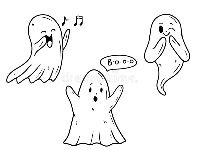 Hand Drawn Vector Set of Cute Happy Ghost Floating and Singing with ...