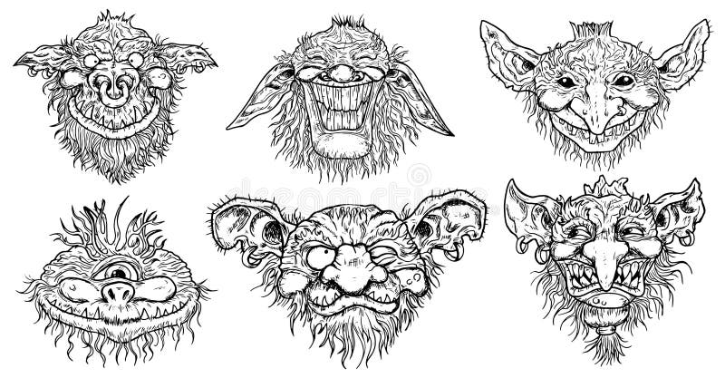 Hand Drawn Vector Set with Engraved Funny Demon or Gnome Faces Isolated ...