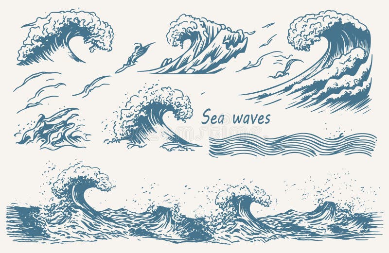 Hand Drawn Ocean Waves Vector Set Sea Storm Wave Isolated Stock ...