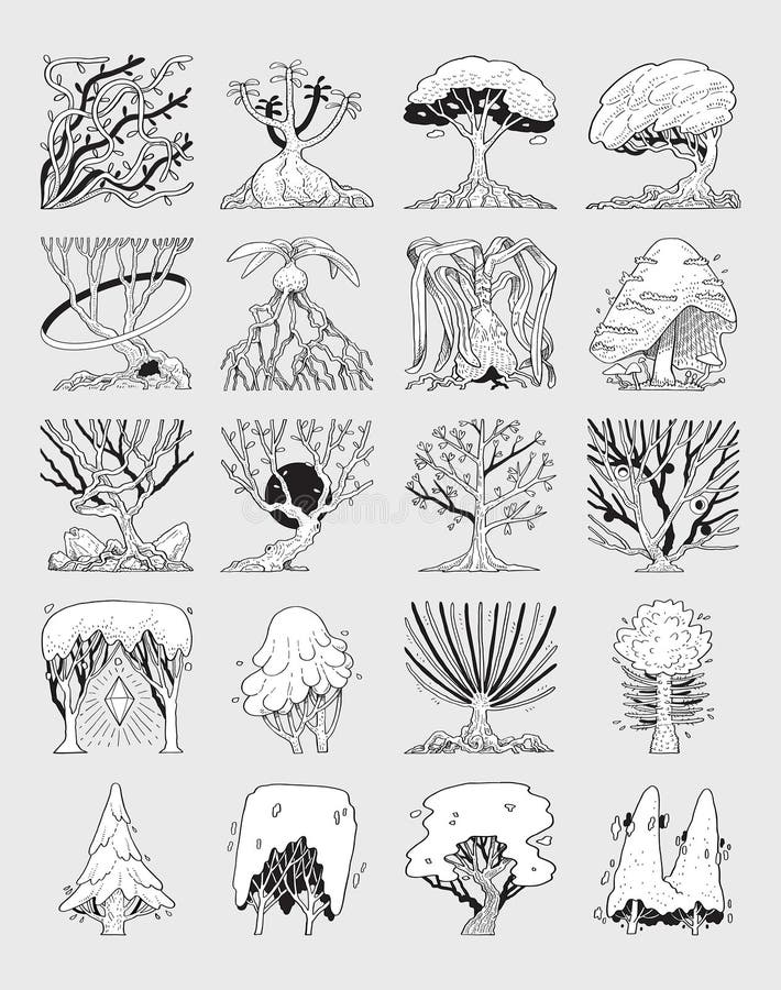 Hand Drawn Vector Set of Side View Fantasy Trees Stock Illustration ...