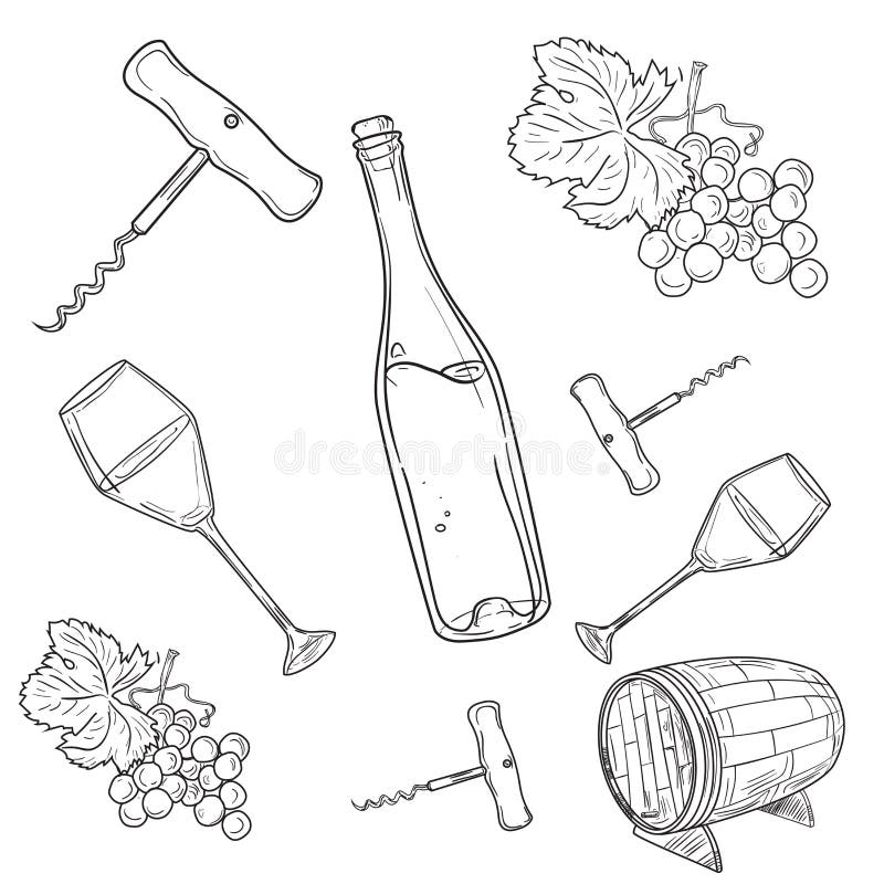Hand Drawn Vector Set - Wine and Winemaking Stock Vector - Illustration ...