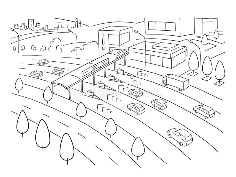 Sketch Traffic Jam Car Plug Transport Highway. Hand Drawn Black Line ...