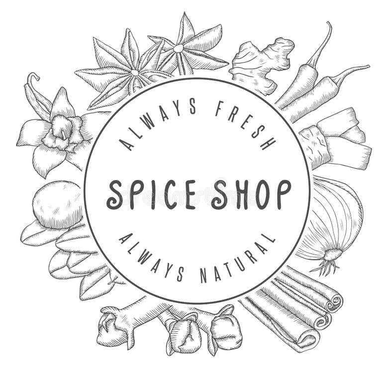 Hand Drawn Vector Spice Shop Emblem Stock Vector - Illustration of icon ...