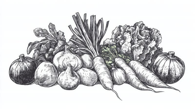 Hand-drawn Vegetables Composition with Carrots, Onions, and Pumpkins ...