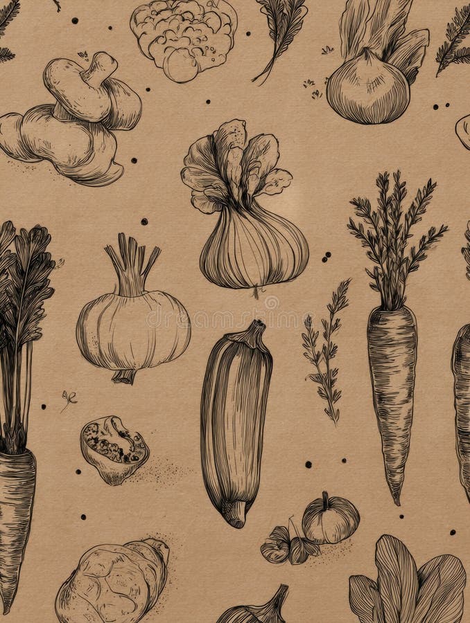 Hand-drawn Vegetables Design on Kraft Background Featuring Various ...