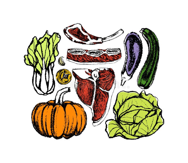 Hand Drawn Vegetables and Meat Stock Vector - Illustration of dish ... Hand Drawn Vegetables and Meat Stock Vector - Illustration of dish ...