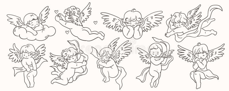 Hand Drawn Vintage Angels Icons Set Stock Illustration - Illustration ...