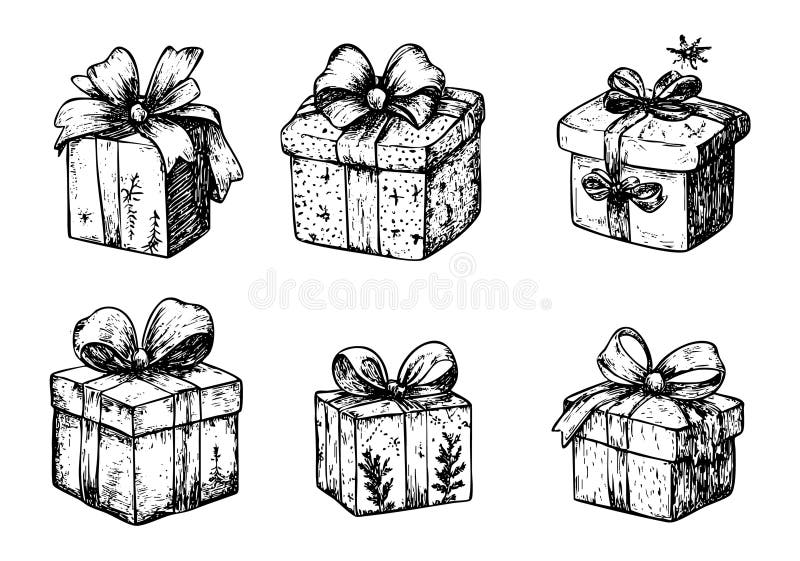 Hand-drawn Vintage Gift Boxes with Ribbons and Bows Illustration. Stock ...