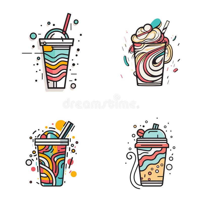Hand Drawn Vintage Bubble Milk Tea Logo in Flat Line Art Style Stock ...