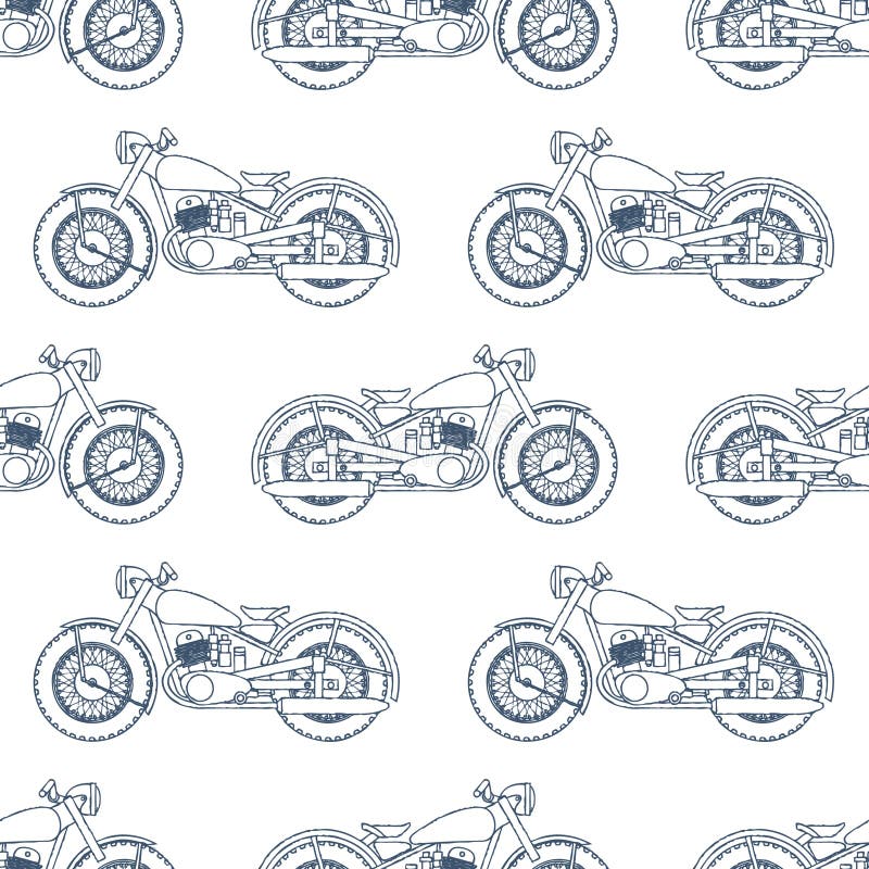 Hand Drawn Vintage Motorcycle Seamless Pattern Background. Vector Stock ...