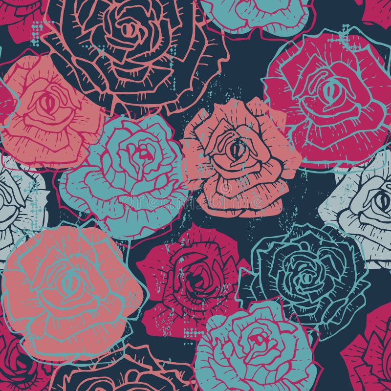 Hand Drawn Vintage Roses Seamless Pattern in Dark Blue Stock Vector ...
