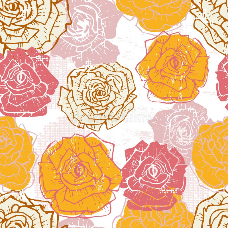 Hand Drawn Vintage Roses Seamless Pattern in Pink and Orange Stock ...