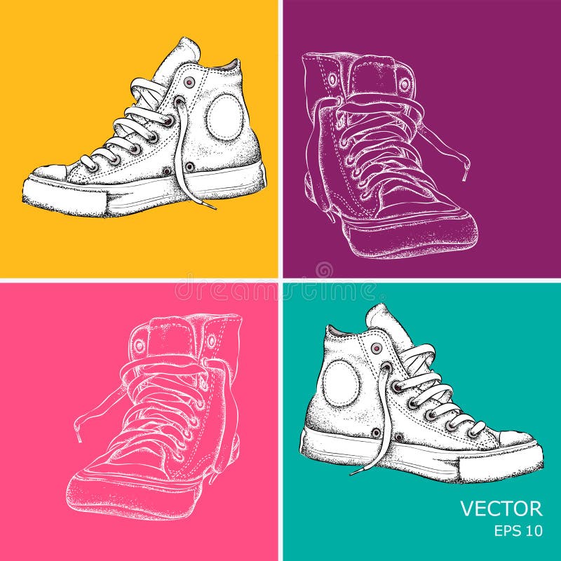 Vintage Sneakers Hand Drawn. Stock Vector - Illustration of outline ...