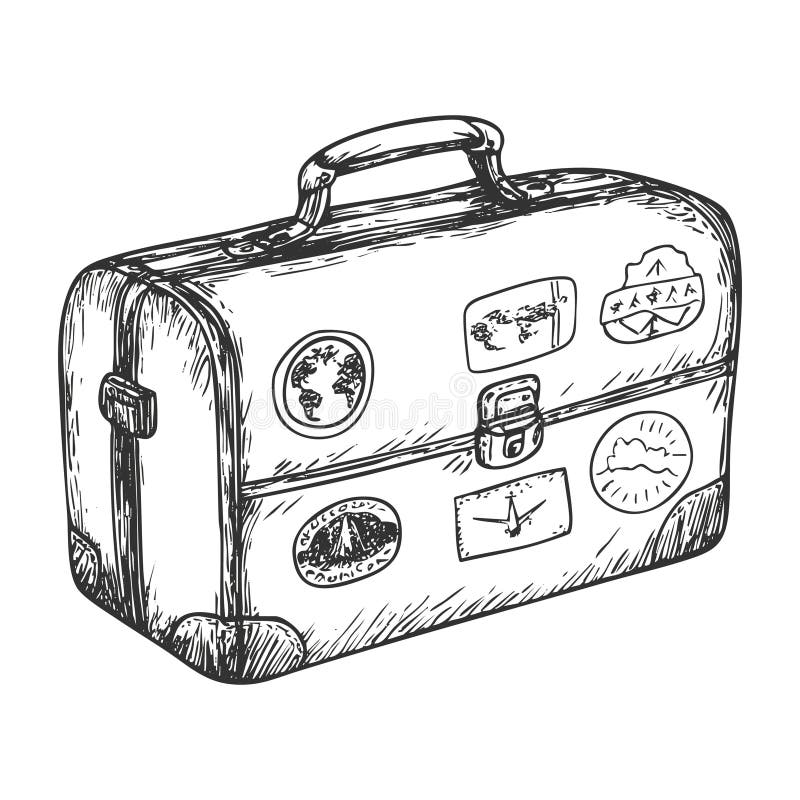 Hand-drawn Vintage Suitcase with Travel Stickers Illustration. Stock Illustration - Illustration ...
