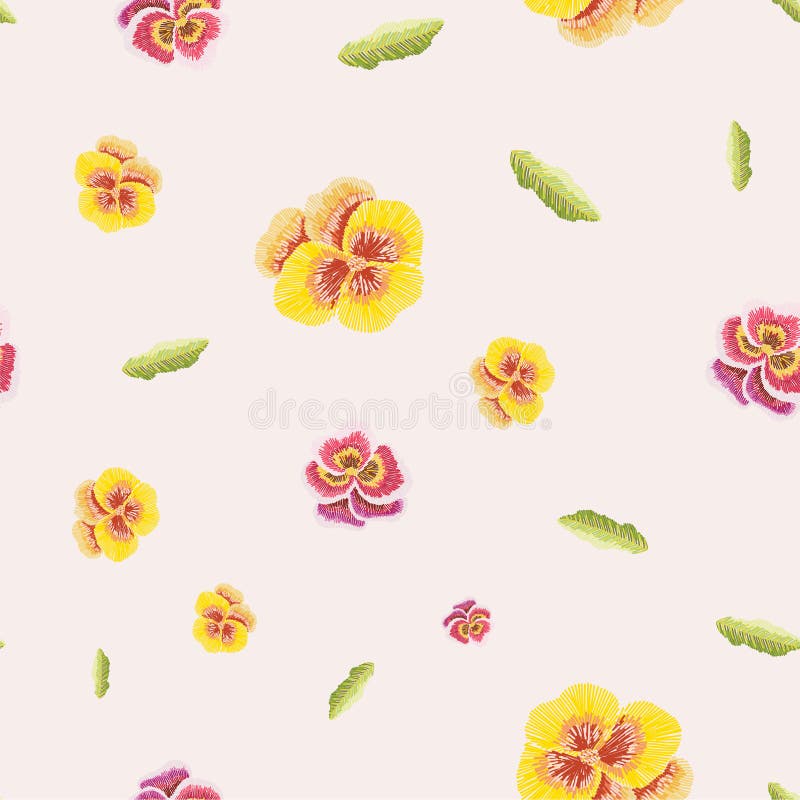 Hand Drawn Viola Flowers in Embroidery Style Seamless Pattern. Stock ...