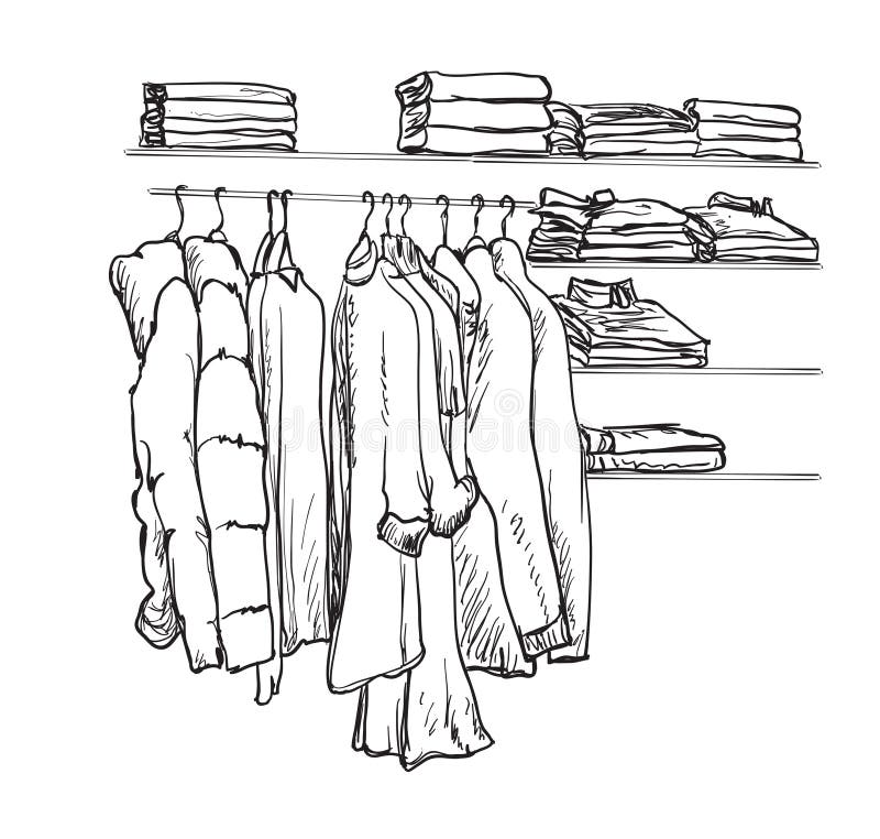 Hand Drawn Wardrobe Sketch. Clothes on the Hangers Stock Vector ...