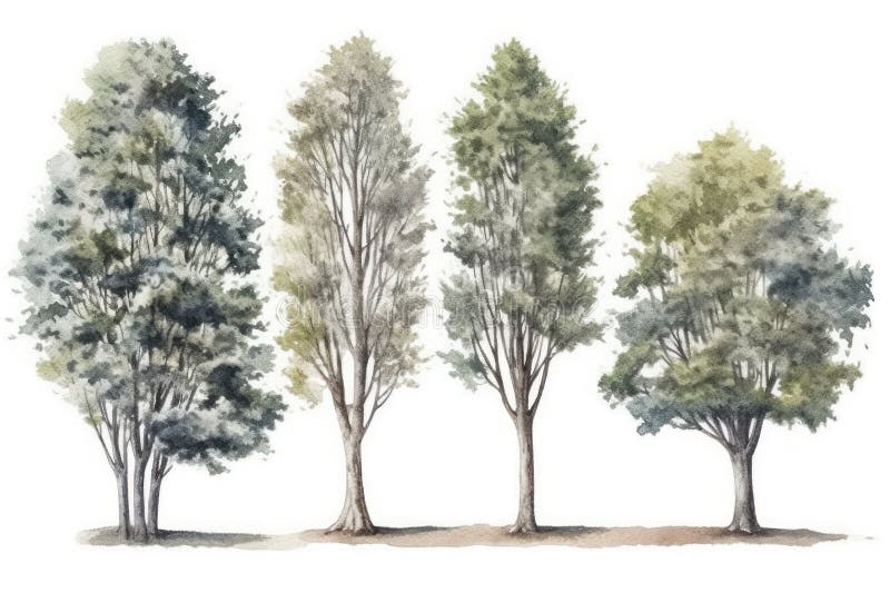 Hand-Drawn Watercolor Alder Trees Collection for Forest Scenes . Stock ...