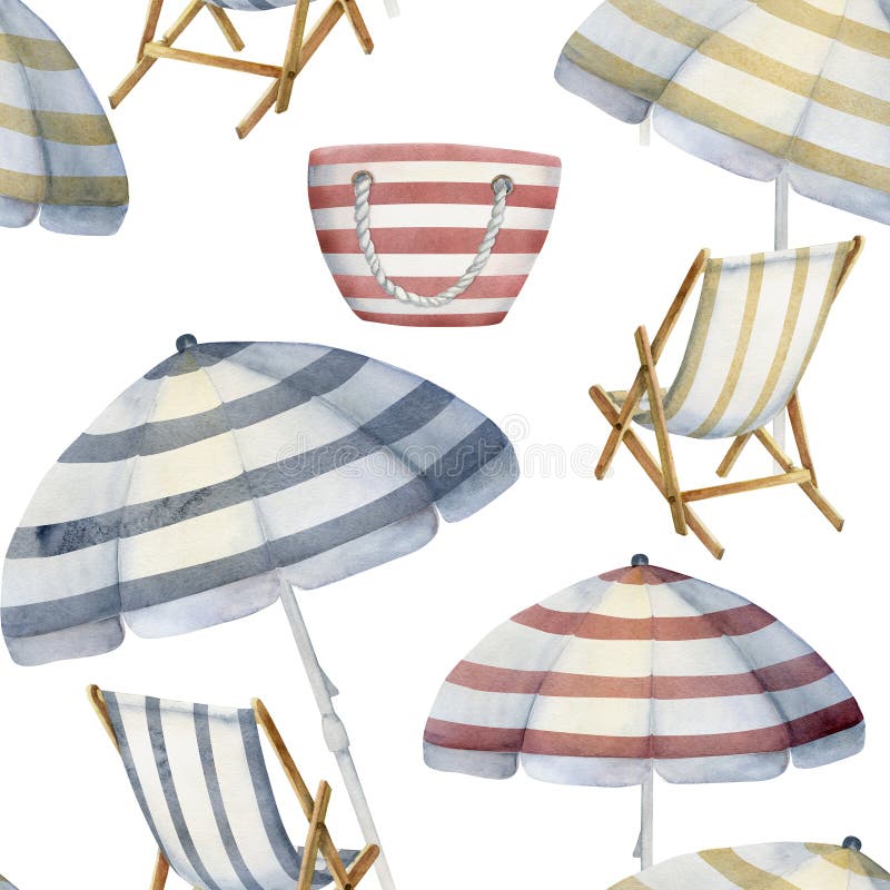 Hand Drawn Watercolor Beach Striped Chairs Bags And Umbrellas Seamless