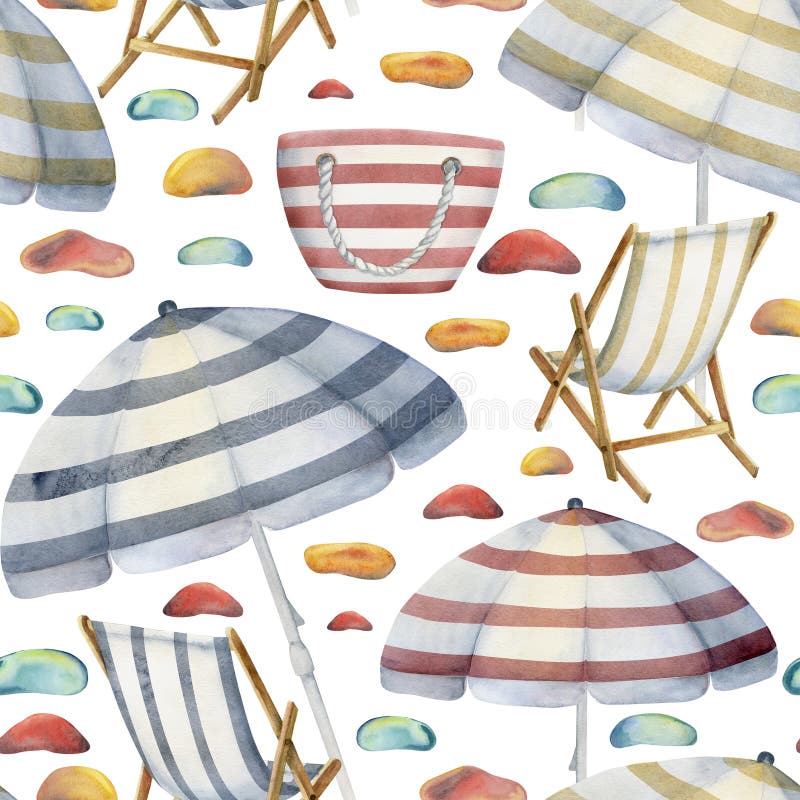 Hand Drawn Watercolor Beach Striped Chairs Bags And Umbrellas Seamless