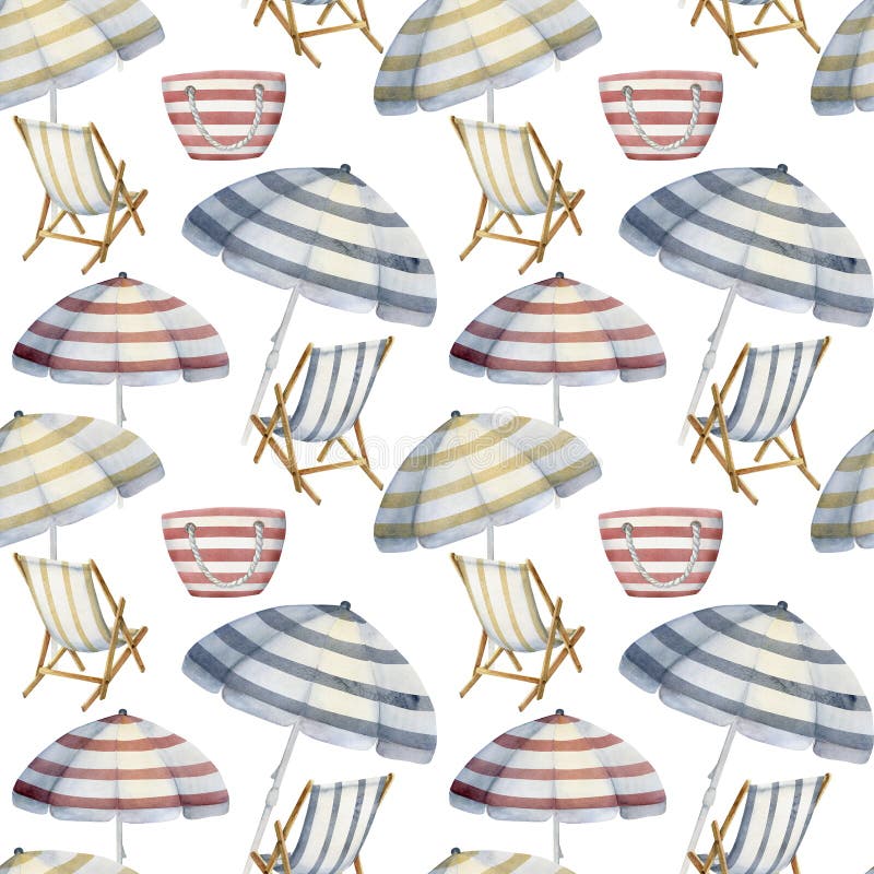 Hand Drawn Watercolor Beach Striped Chairs Bags And Umbrellas Seamless