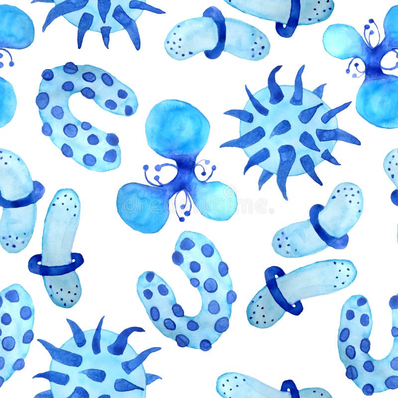 Hand Drawn Watercolor Blue Viruses and Bacteria Seamless Pattern ...