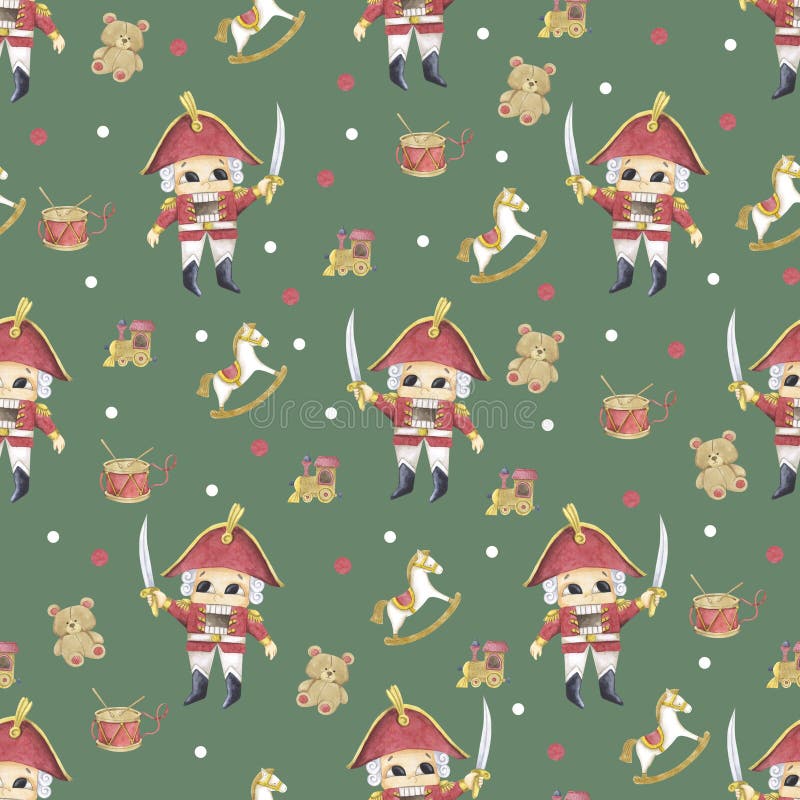 Hand-drawn Watercolor Christmas Nutcracker Pattern_green Stock Photo ...