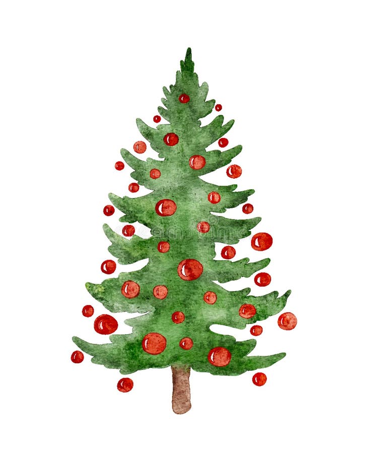 Hand Drawn Watercolor Christmas Tree Decorated with Red Balls. Stock ...