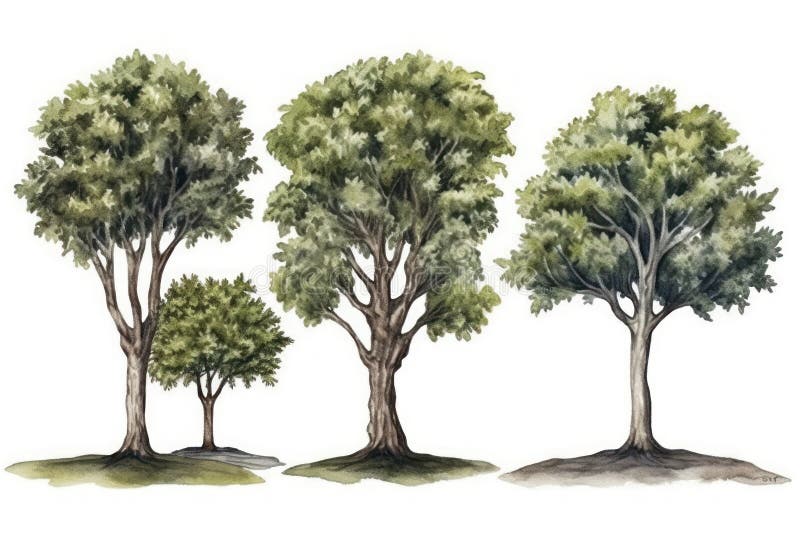 Hand-Drawn Watercolor Collection of Black Walnut Trees . Stock ...