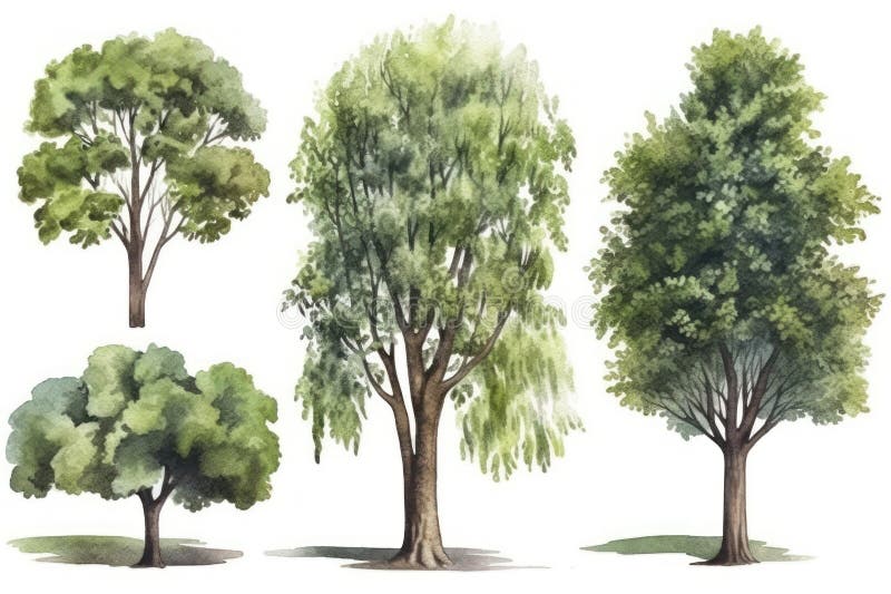 Hand-Drawn Watercolor Collection of Black Walnut Trees . Stock ...
