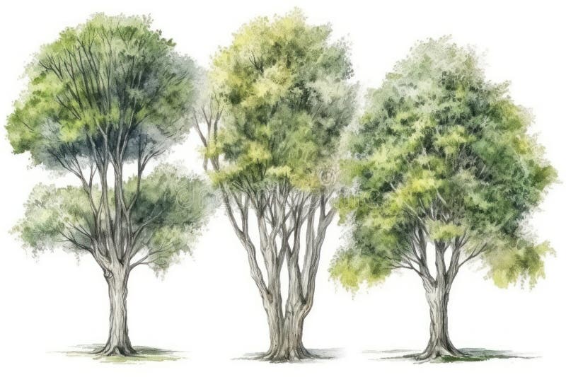 Hand-Drawn Watercolor Elm Trees Collection for Forest Scenes . Stock ...