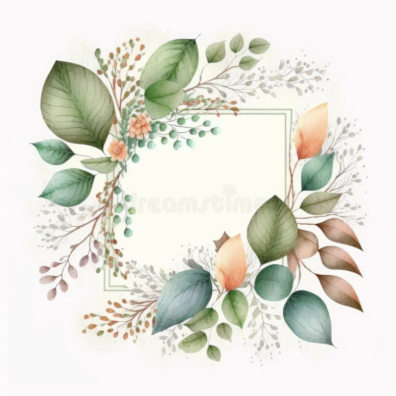 Hand Drawn Watercolor. Frame with Spring Leaves. Illustration AI ...