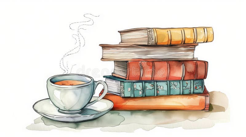 A Hand-drawn Watercolor Illustration of a Stack of Books and a Cup of ...